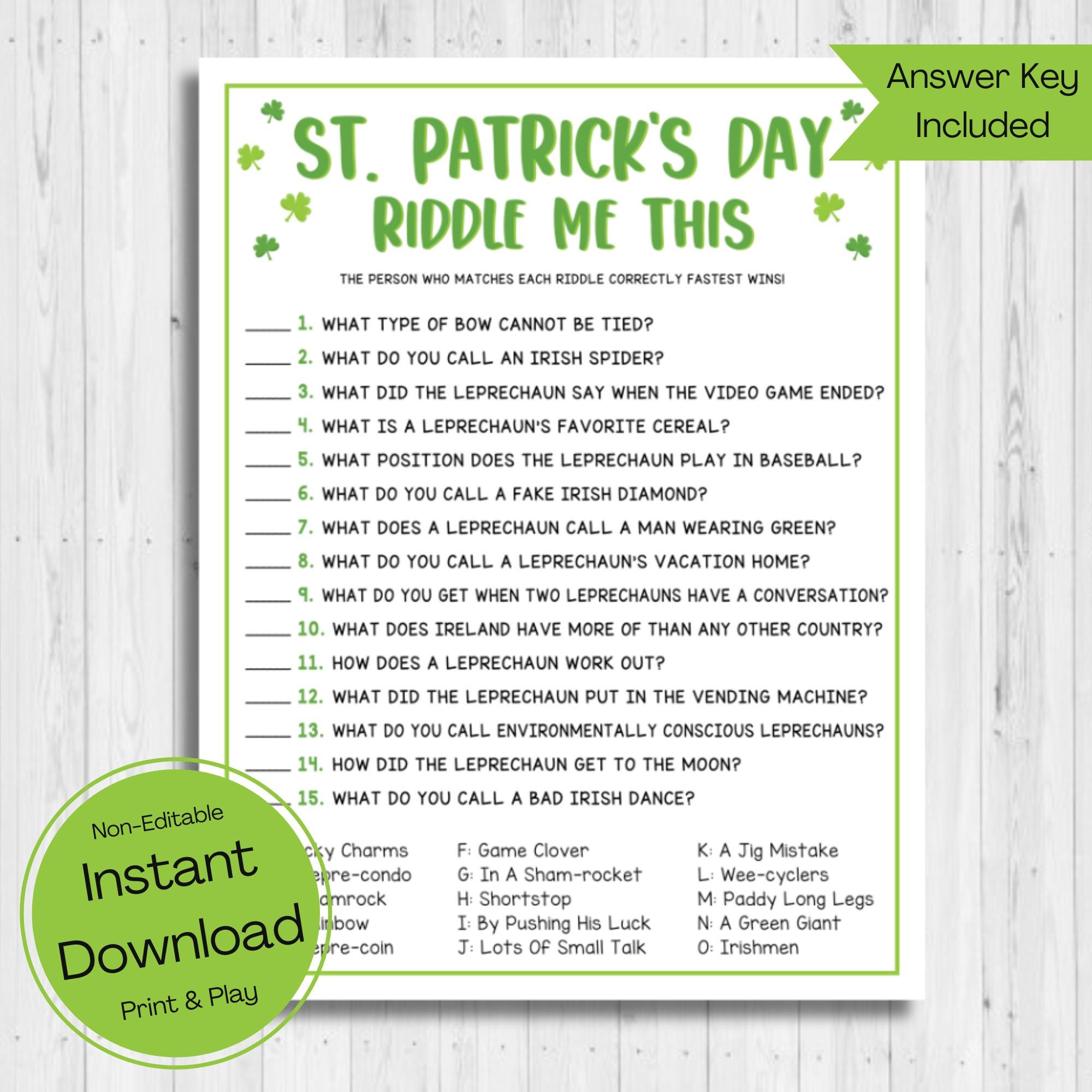 INSTANT DOWNLOAD St Patrick's Day Riddle Game Printable - St Patrick's ...