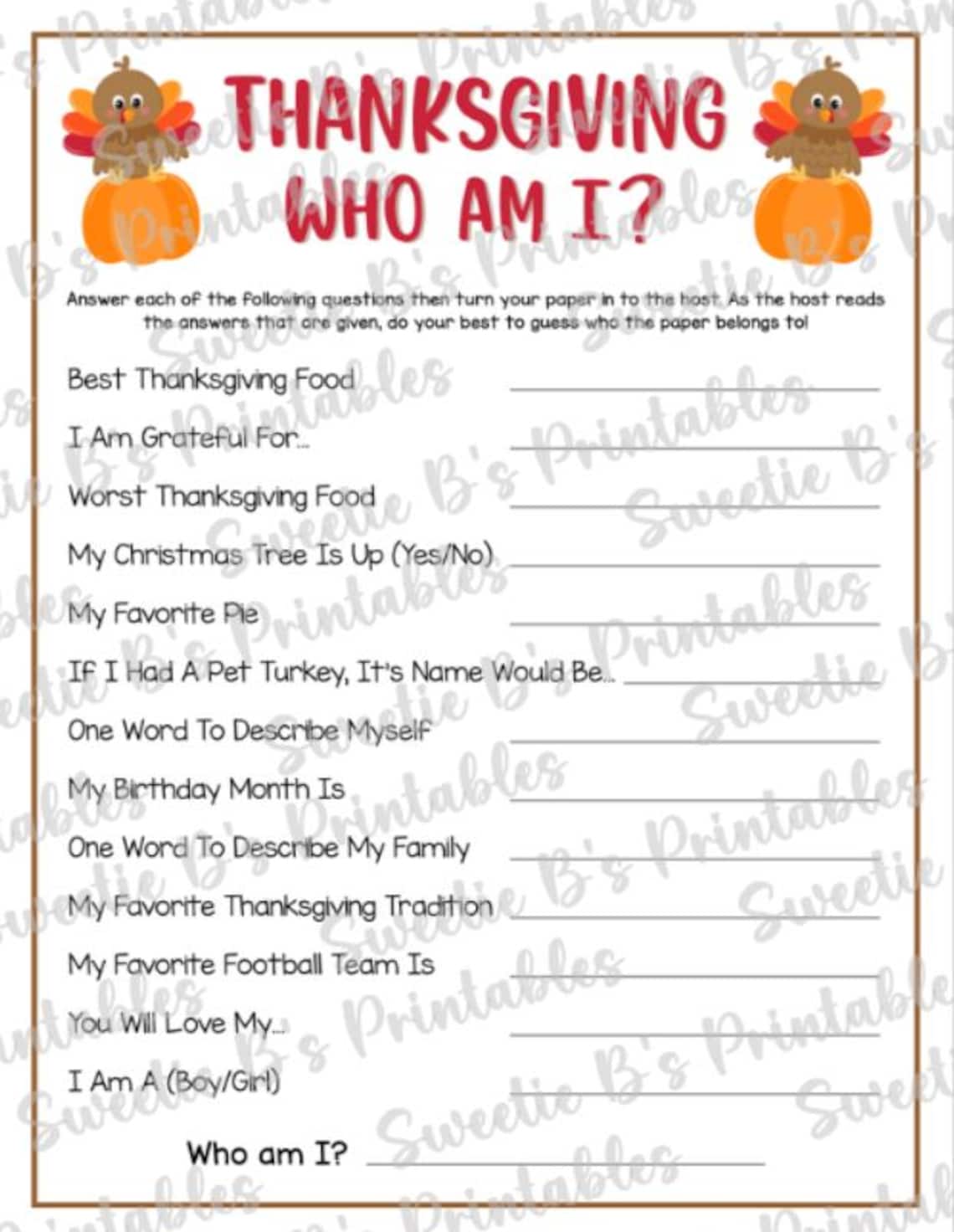 INSTANT DOWNLOAD Thanksgiving Who Am I Printable - Autumn Game ...