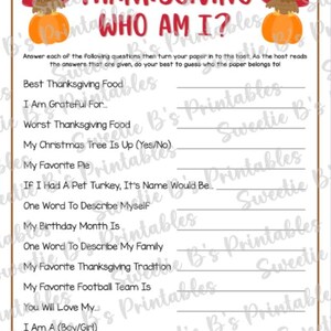 INSTANT DOWNLOAD Thanksgiving Who Am I Printable - Autumn Game ...