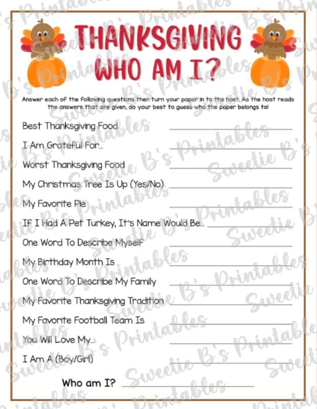 INSTANT DOWNLOAD Thanksgiving Who Am I Printable - Autumn Game ...