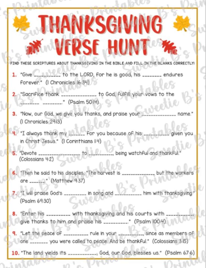 INSTANT DOWNLOAD Thanksgiving Bible Verse Scavenger Hunt Game - Bible ...