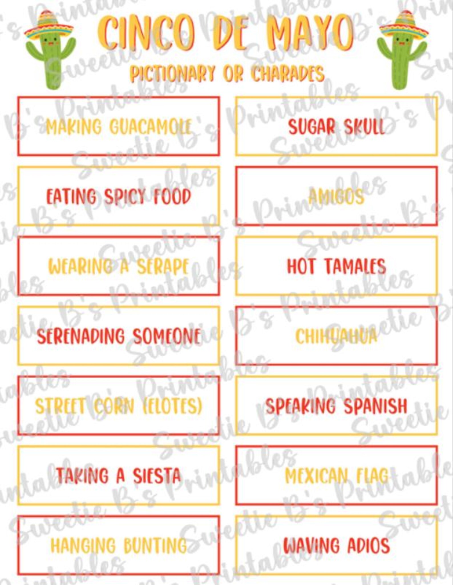 INSTANT DOWNLOAD Cinco De Mayo Pictionary or Charades Printable - Cinco ...