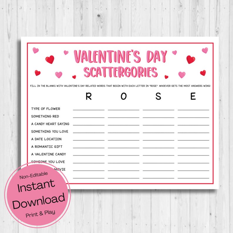 INSTANT DOWNLOAD Valentine's Day Scattergories Printable Game ...