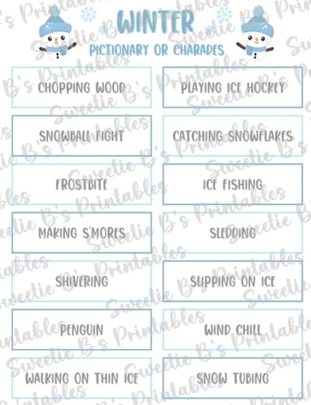 INSTANT DOWNLOAD Winter Pictionary or Charades Printable - Holiday Game ...