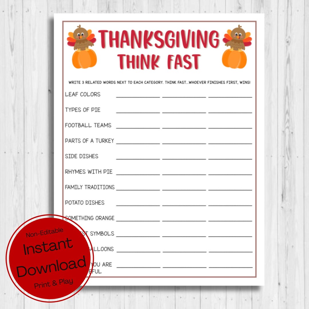 INSTANT DOWNLOAD Thanksgiving Think Fast Game Printable - Friendsgiving ...