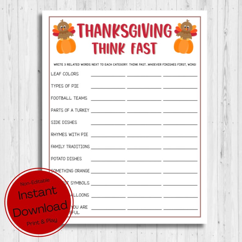 INSTANT DOWNLOAD Thanksgiving Think Fast Game Printable - Friendsgiving ...