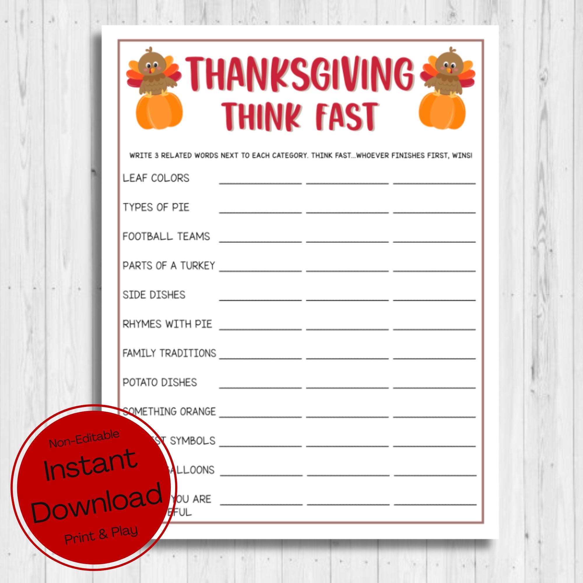 INSTANT DOWNLOAD Thanksgiving Think Fast Game Printable - Friendsgiving ...