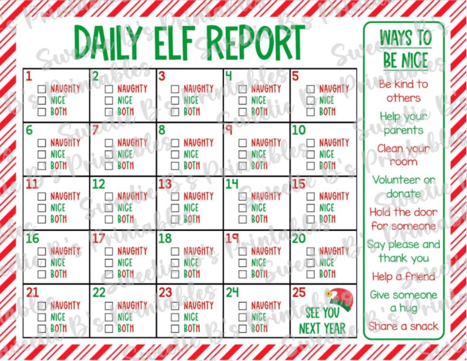 INSTANT DOWNLOAD Elf Report Calendar Printable - Christmas Elf ...
