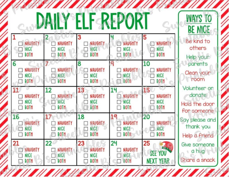 INSTANT DOWNLOAD Elf Report Calendar Printable - Christmas Elf ...
