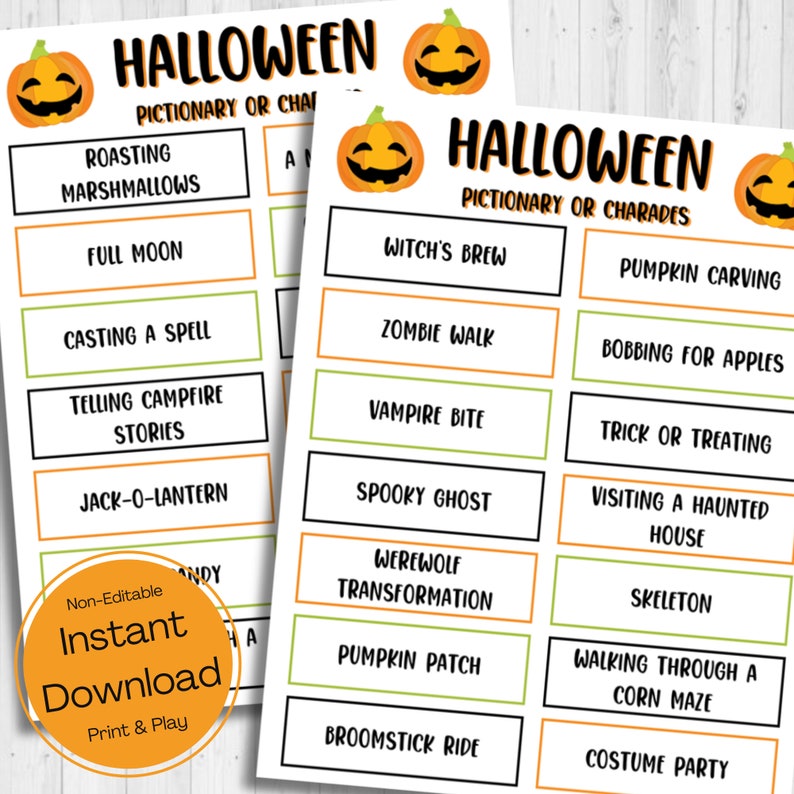INSTANT DOWNLOAD Halloween Pictionary or Charades Printable - Autumn ...