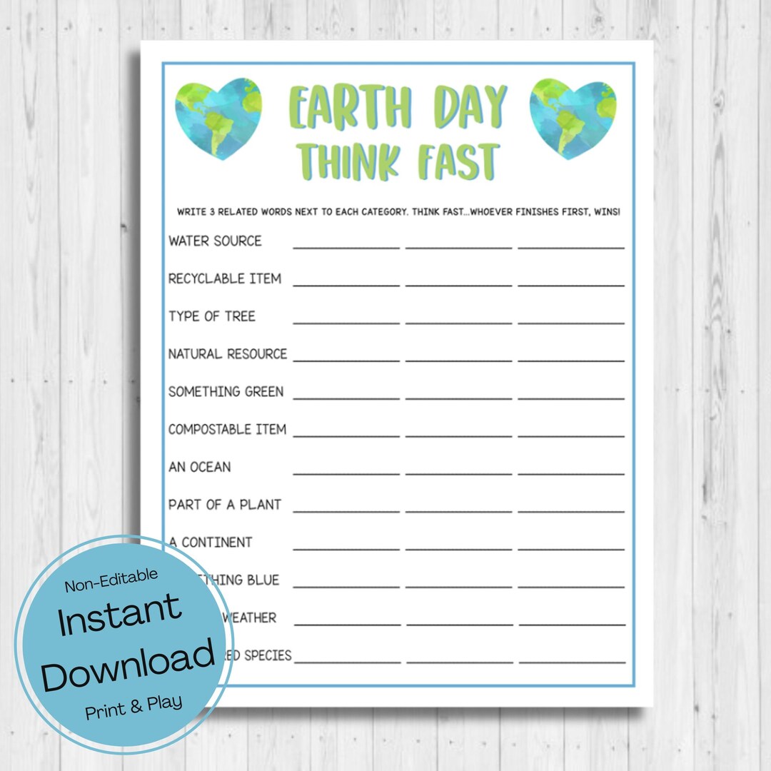 INSTANT DOWNLOAD Earth Day Think Fast Game Printable - Earth Day Party ...