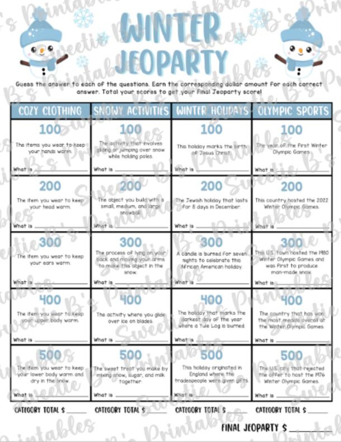 INSTANT DOWNLOAD Winter Jeoparty Game Printable - Holiday Game ...
