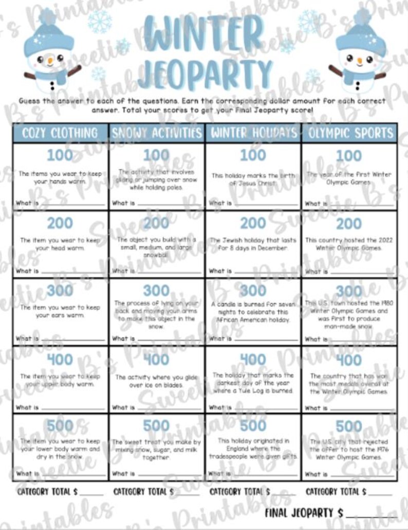 INSTANT DOWNLOAD Winter Jeoparty Game Printable - Holiday Game ...