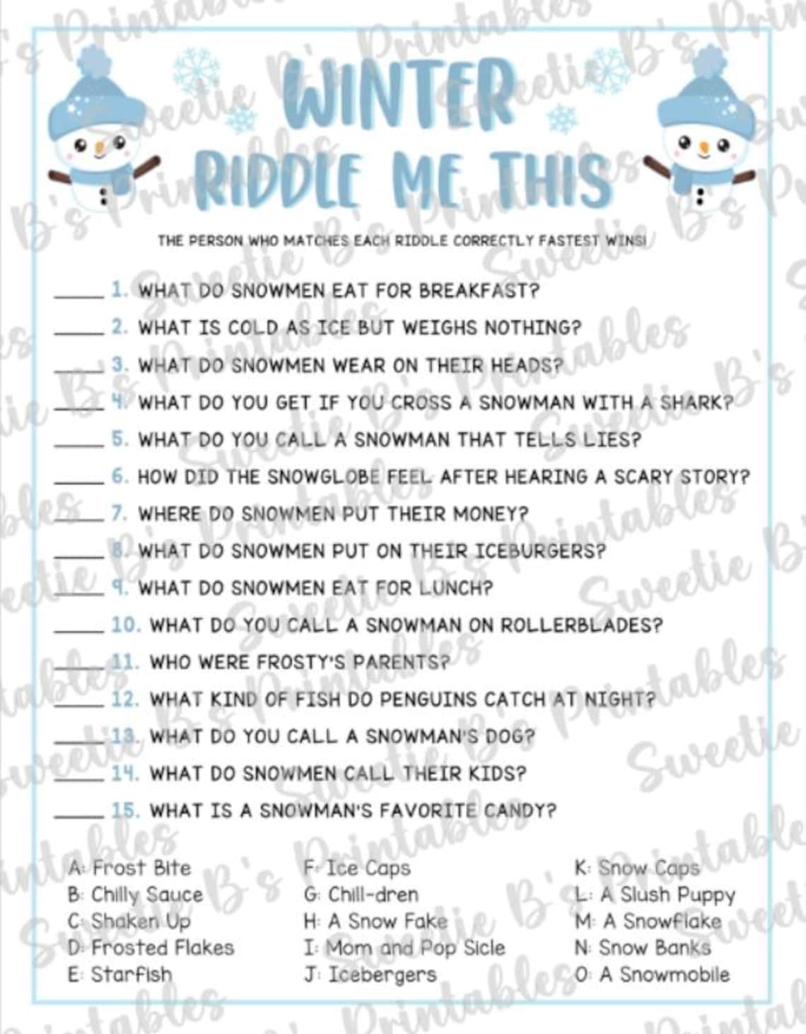 INSTANT DOWNLOAD Winter Riddle Game Printable - Holiday Game Printable ...