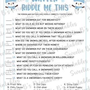 INSTANT DOWNLOAD Winter Riddle Game Printable - Holiday Game Printable ...
