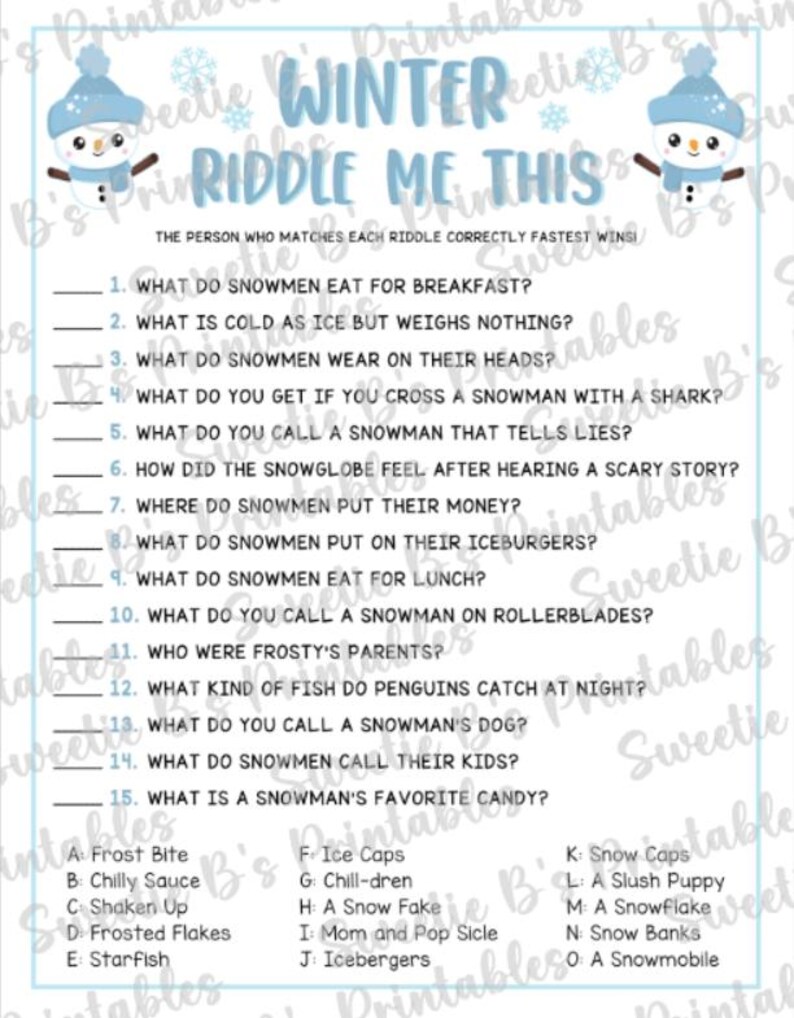 INSTANT DOWNLOAD Winter Riddle Game Printable - Holiday Game Printable ...
