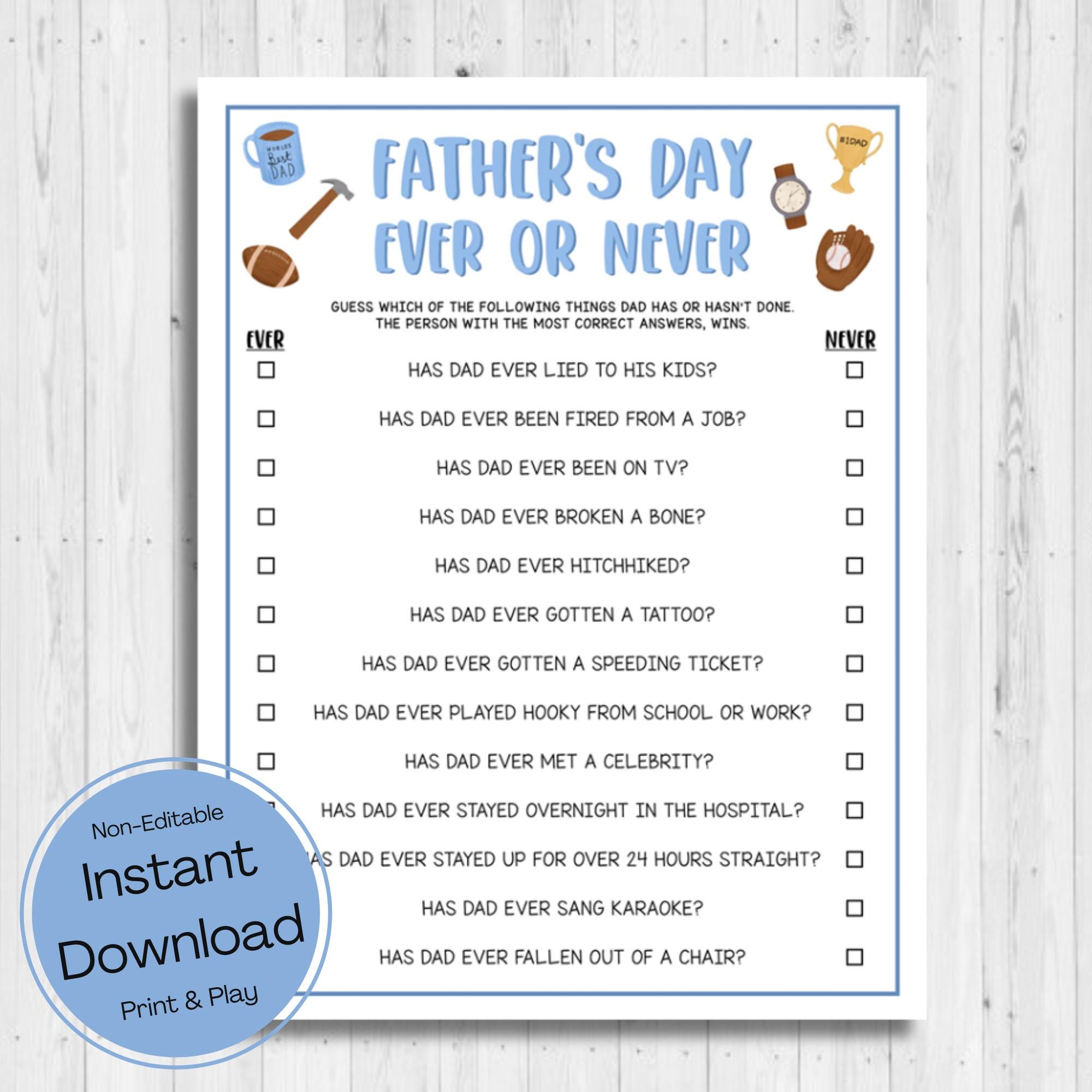 INSTANT DOWNLOAD Father's Day Ever or Never Game Printable - Father's ...