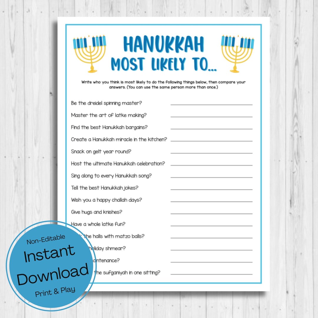 INSTANT DOWNLOAD Hanukkah Most Likely to Printable - Holiday Game ...