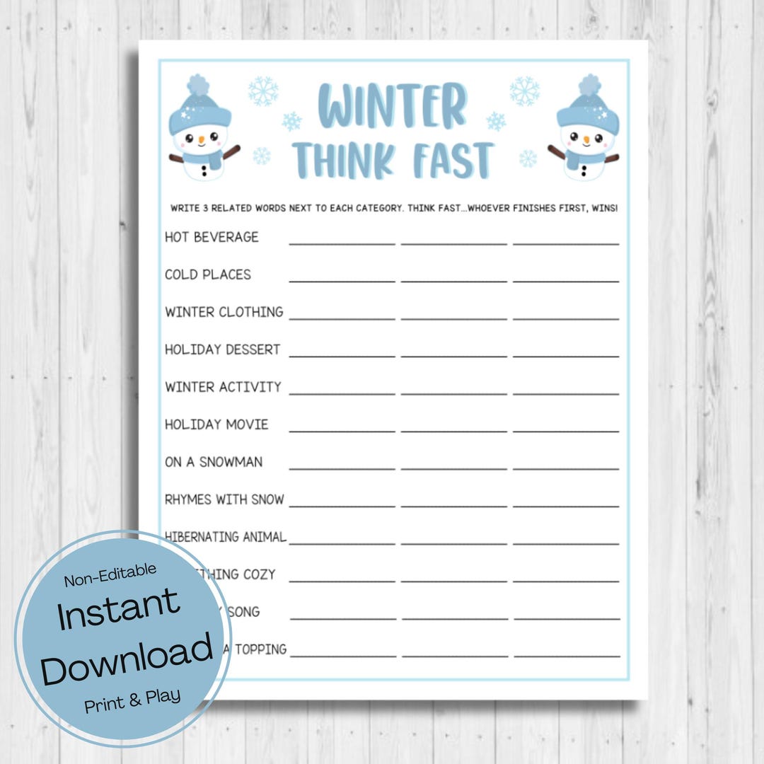 INSTANT DOWNLOAD Winter Think Fast Game Printable - Holiday Game ...