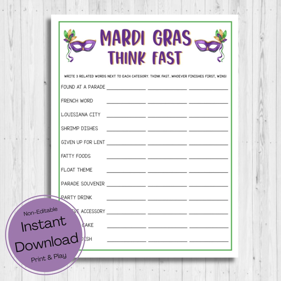 INSTANT DOWNLOAD Mardi Gras Think Fast Game Printable - Holiday Game ...