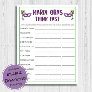 INSTANT DOWNLOAD Mardi Gras Think Fast Game Printable - Holiday Game ...