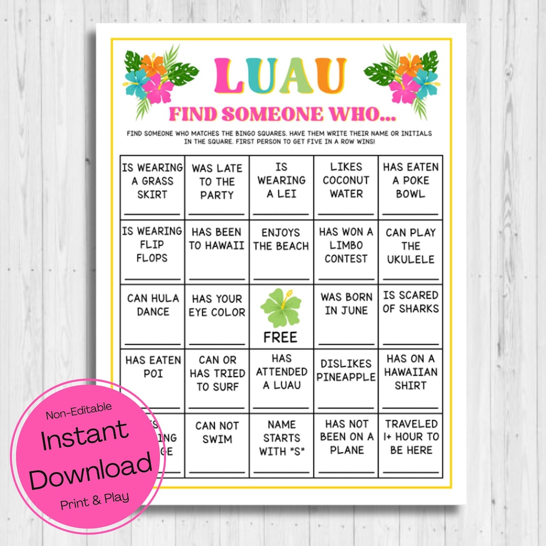 INSTANT DOWNLOAD Luau Mix & Mingle Bingo Printable - Luau Ice Breaker ...