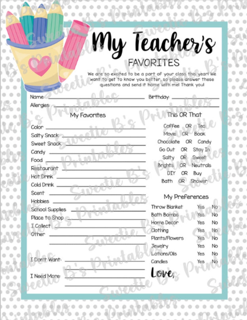 INSTANT DOWNLOAD - Teacher Appreciation Survey Printable - Teacher ...
