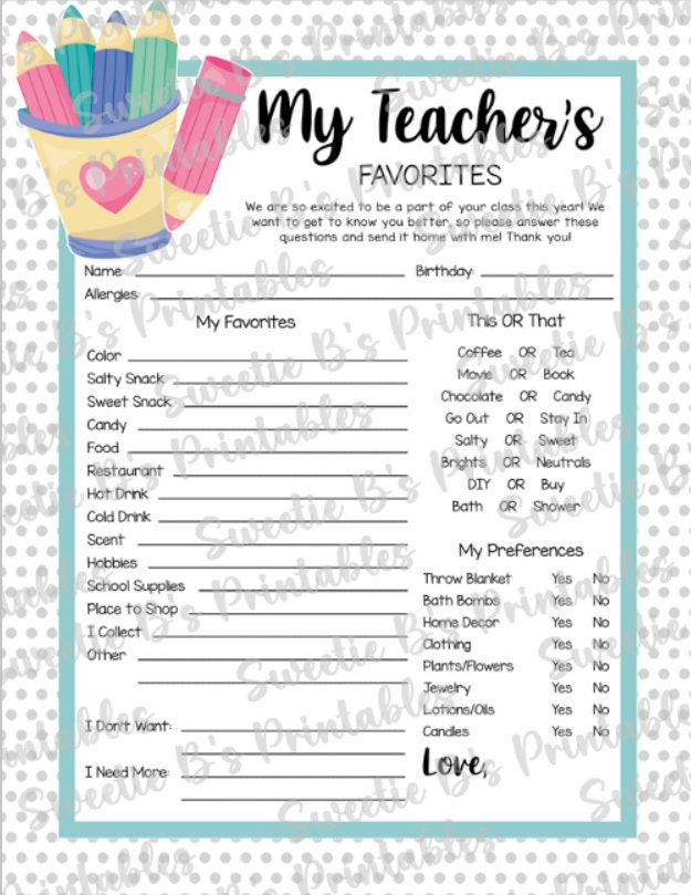 INSTANT DOWNLOAD - Teacher Appreciation Survey Printable - Teacher ...