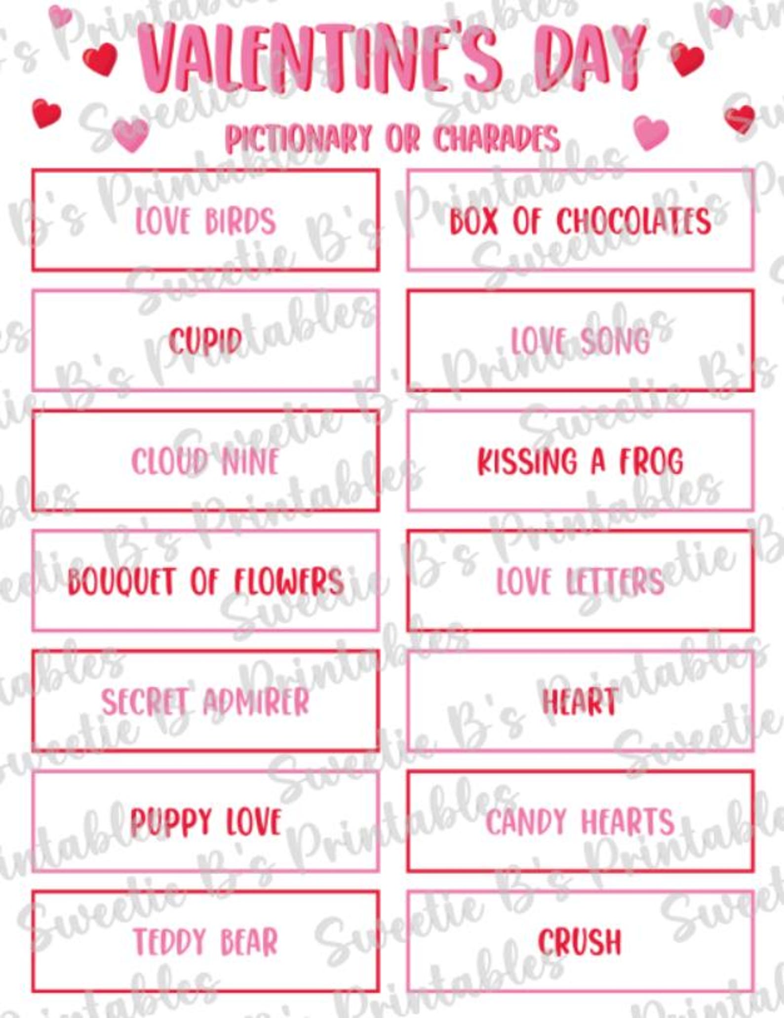 INSTANT DOWNLOAD Valentine's Day Pictionary or Charades Printable ...