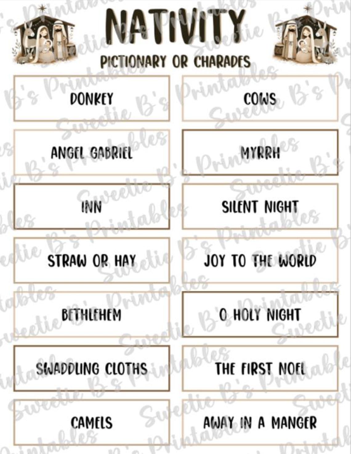 INSTANT DOWNLOAD Nativity Pictionary or Charades Printable - Holiday ...