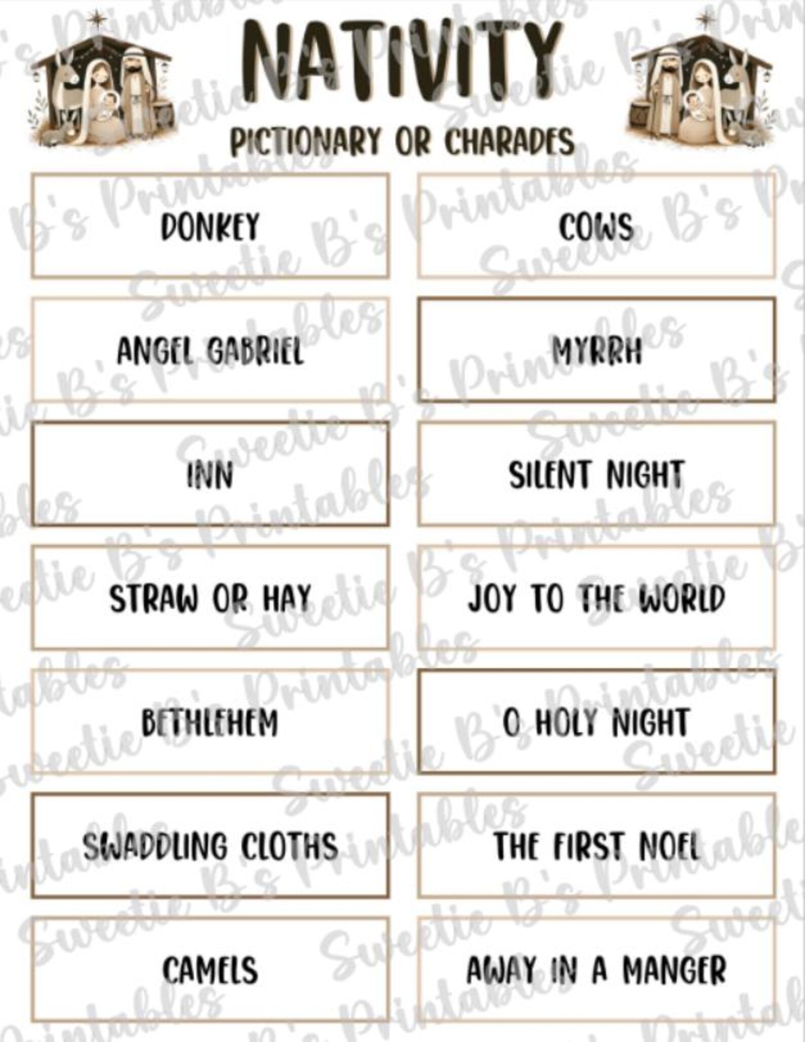 INSTANT DOWNLOAD Nativity Pictionary or Charades Printable - Holiday ...