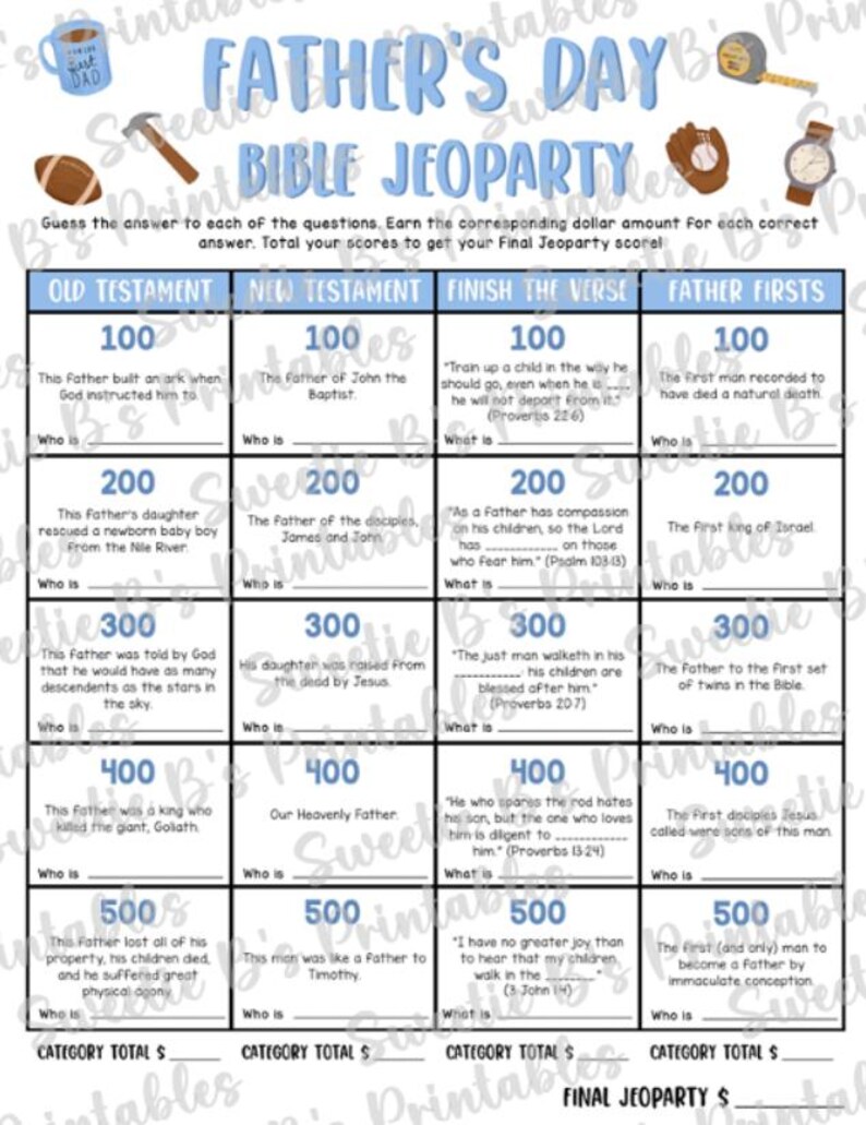 INSTANT DOWNLOAD Father's Day Bible Jeoparty Game Printable - Church ...