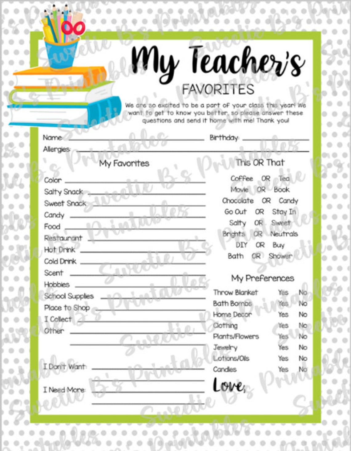 INSTANT DOWNLOAD - Teacher Appreciation Survey Printable - Teacher ...