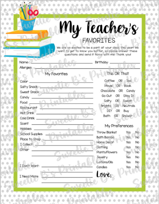INSTANT DOWNLOAD - Teacher Appreciation Survey Printable - Teacher ...