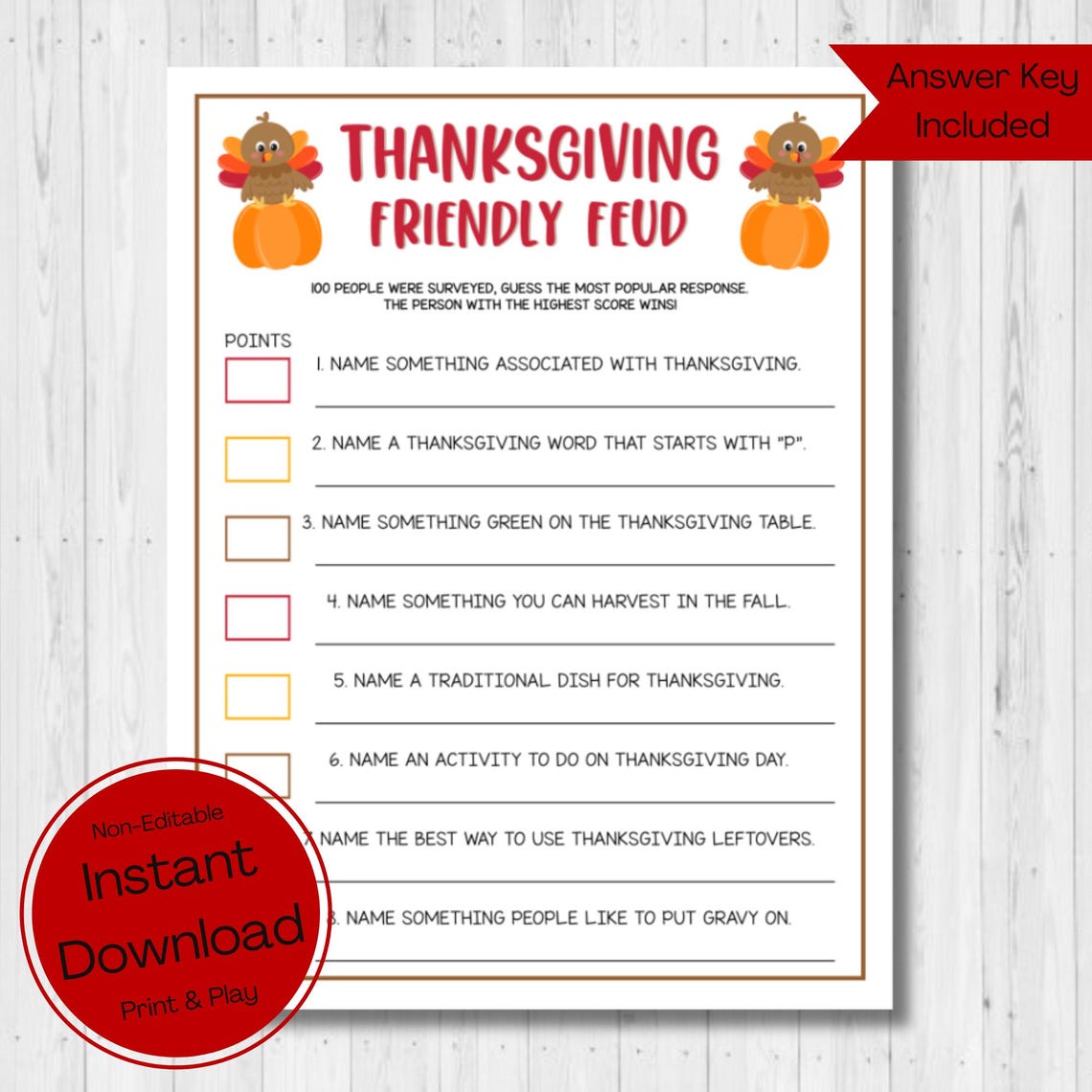 INSTANT DOWNLOAD Thanksgiving Friendly Feud Game Printable Autumn Game ...