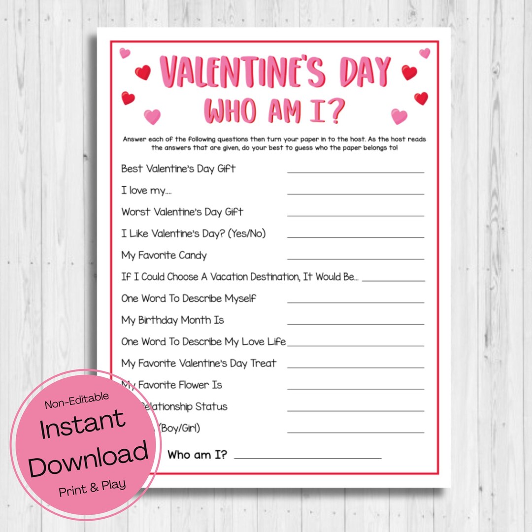 INSTANT DOWNLOAD Valentine's Who Am I Printable - Valentine Ice Breaker ...