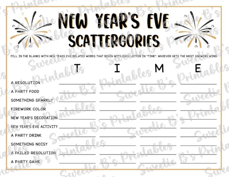 INSTANT DOWNLOAD New Year's Eve Scattergories Printable Game Bundle ...