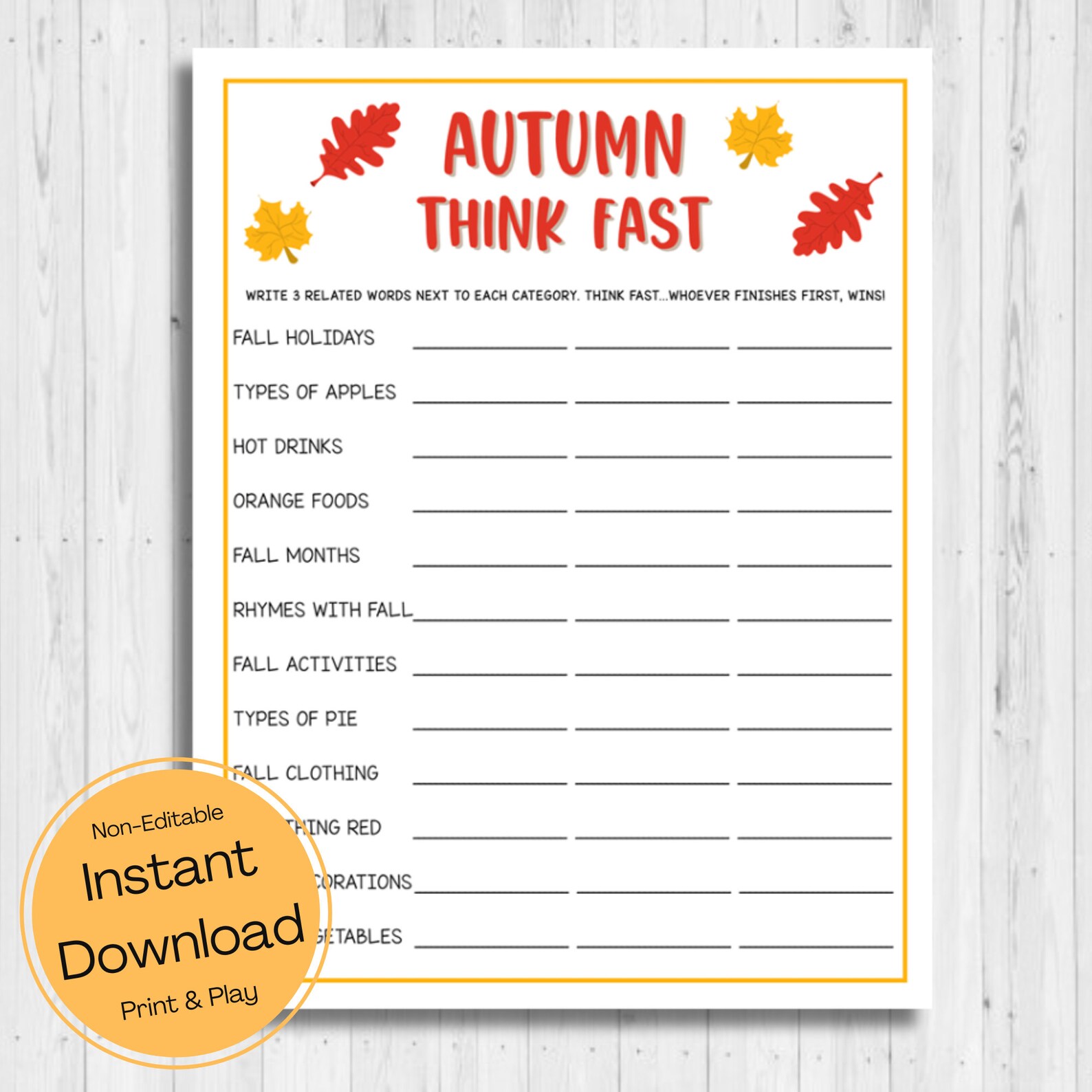 INSTANT DOWNLOAD Autumn Think Fast Game Printable - Autumn Game ...