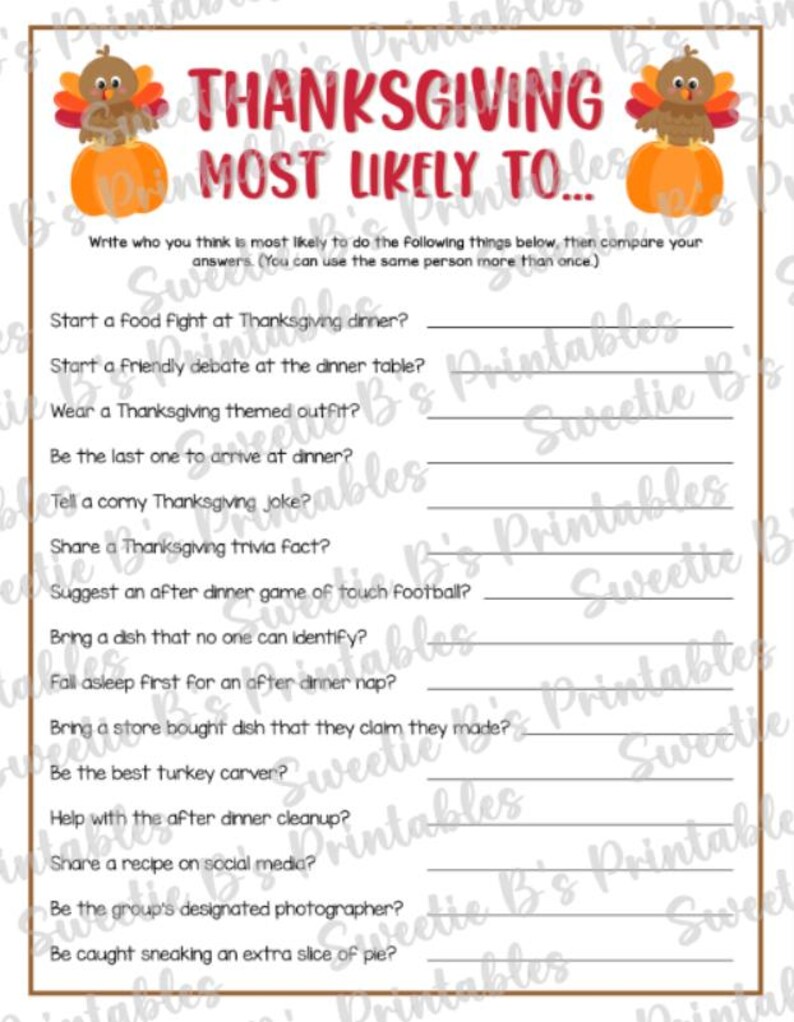 INSTANT DOWNLOAD Thanksgiving Most Likely to Printable - Autumn Game ...