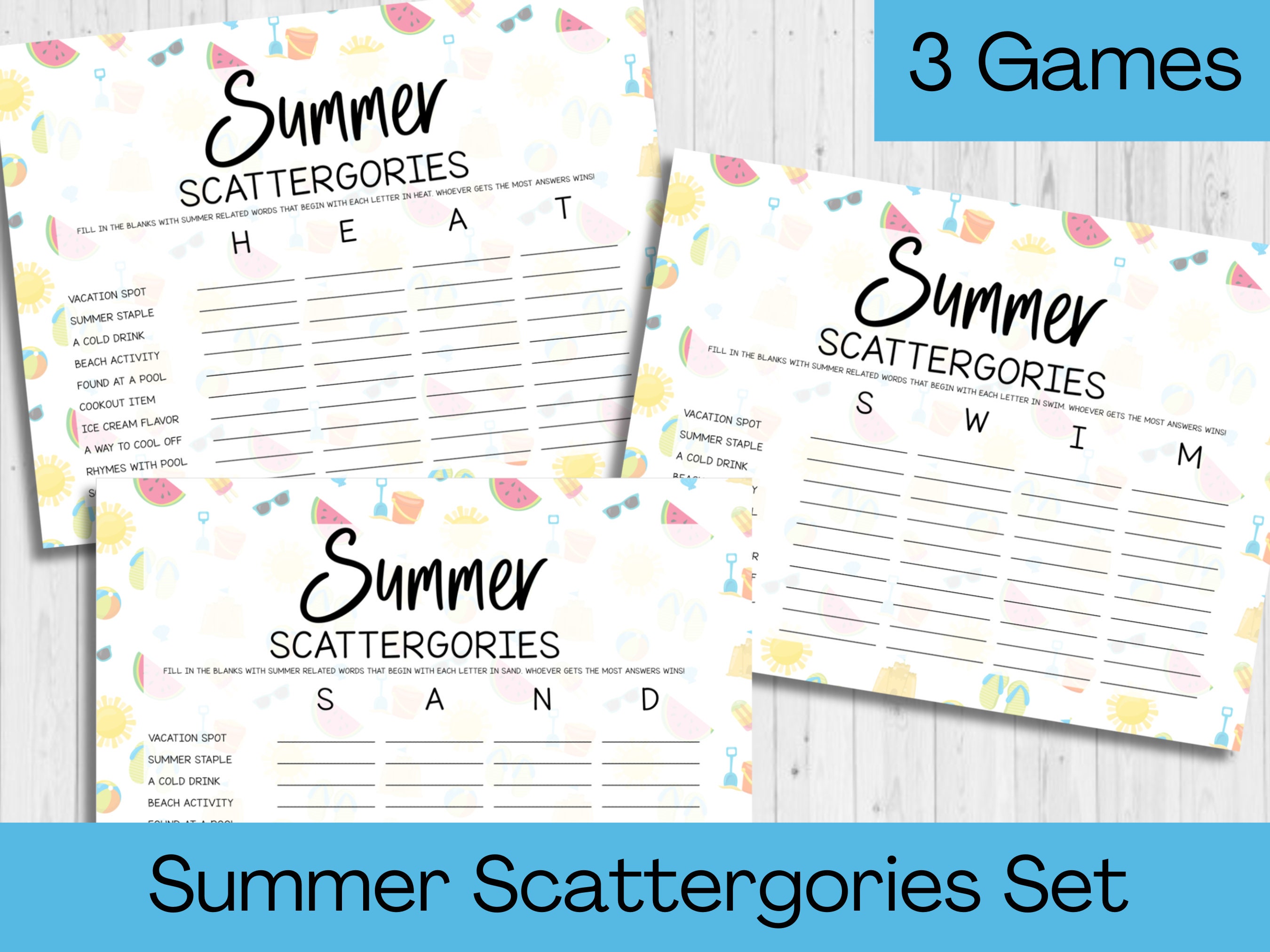 INSTANT DOWNLOAD Summer Scattergories Printable Game Summer Game ...