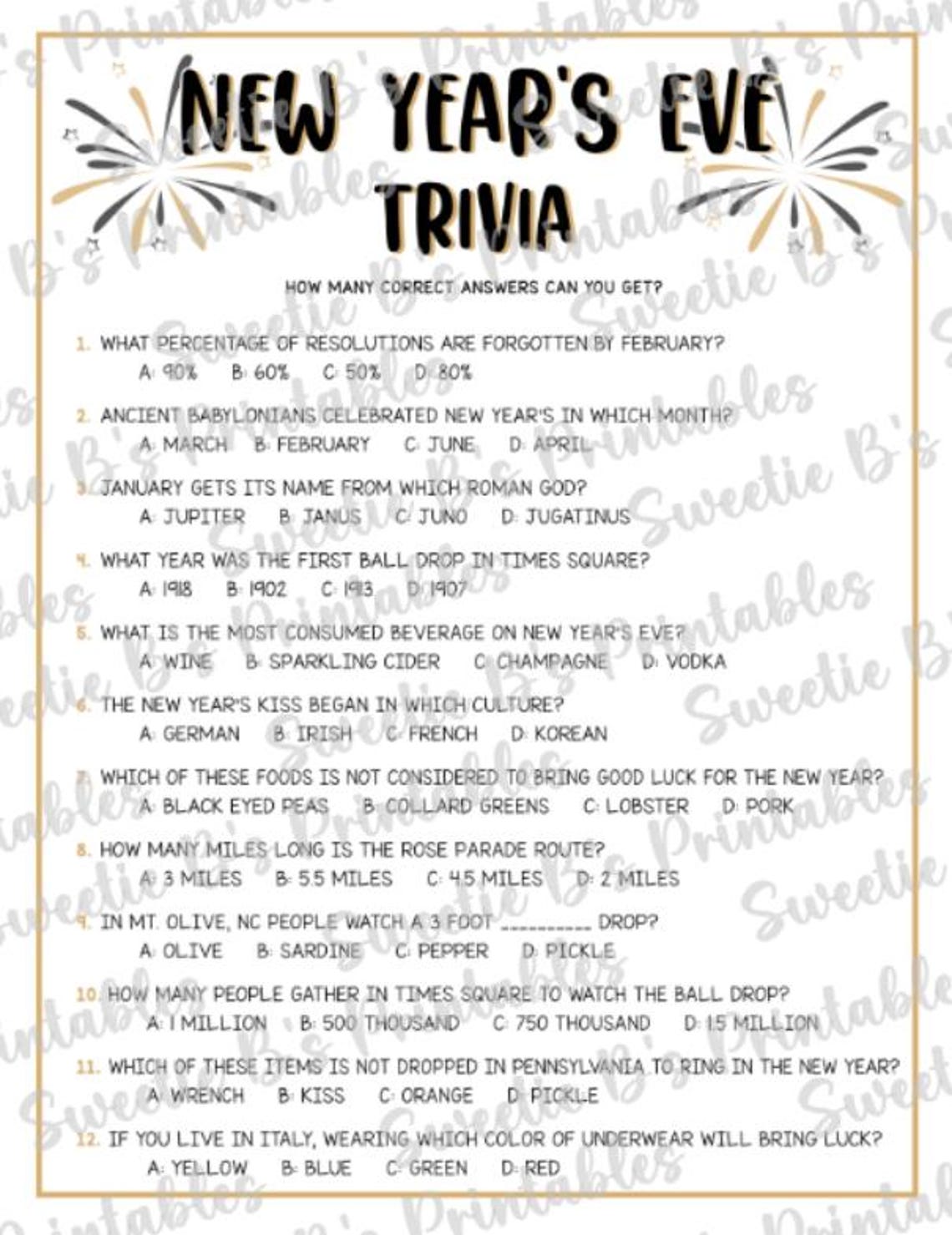 INSTANT DOWNLOAD New Year Trivia Game Printable - Holiday Game ...