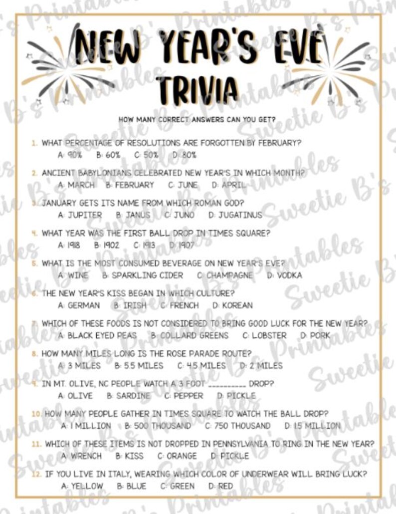 INSTANT DOWNLOAD New Year Trivia Game Printable - Holiday Game ...