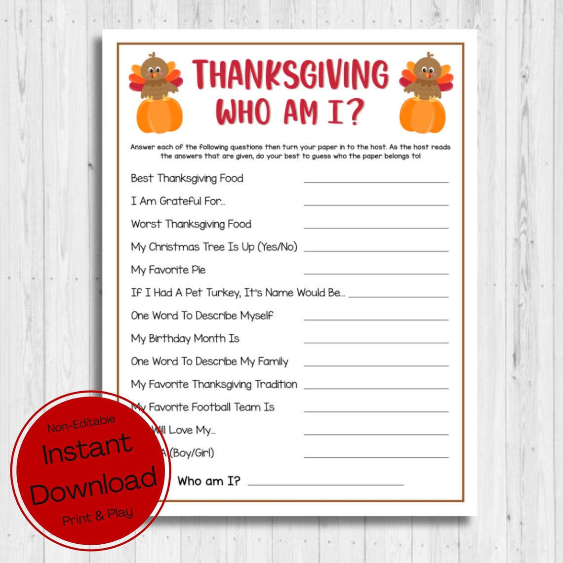 INSTANT DOWNLOAD Thanksgiving Who Am I Printable - Autumn Game ...