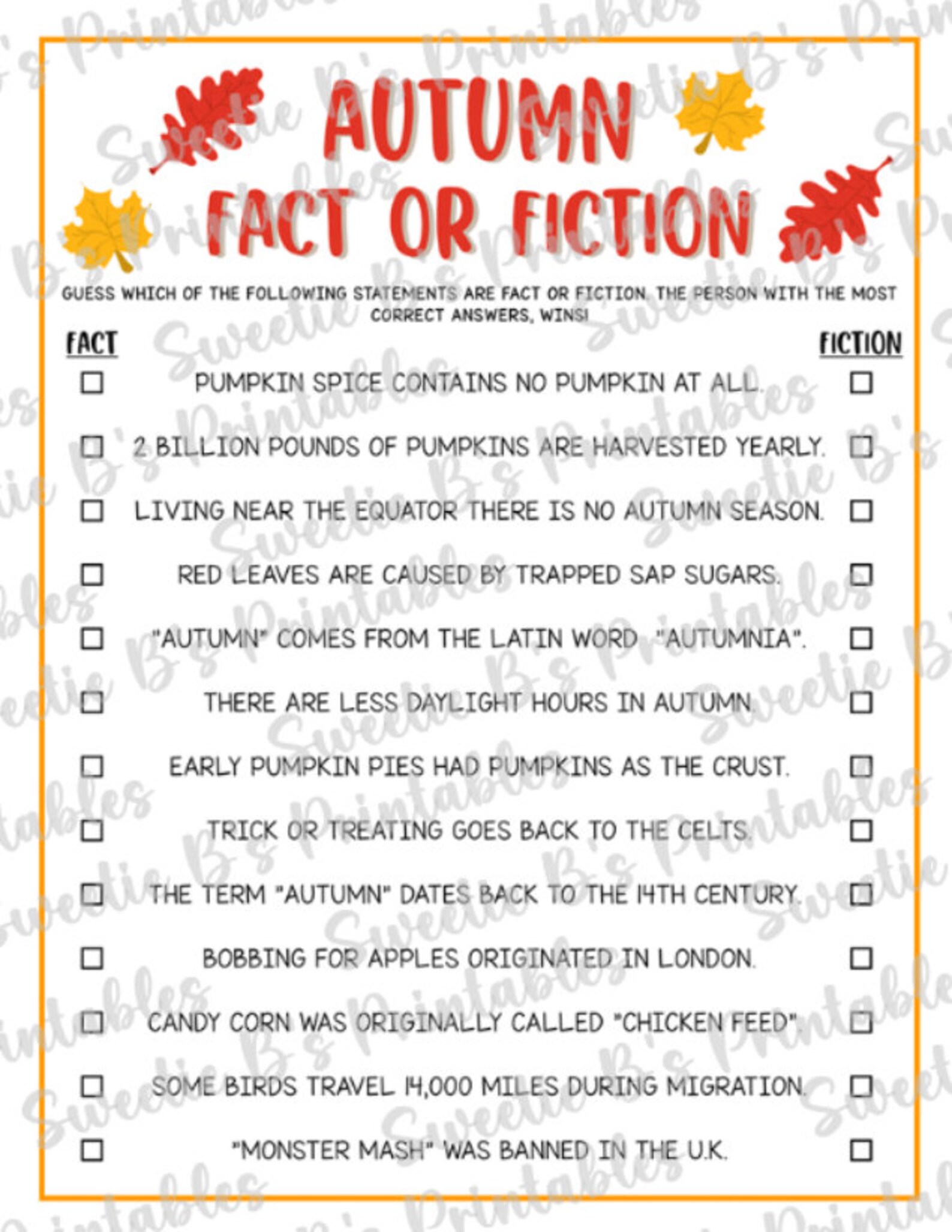 INSTANT DOWNLOAD Autumn Fact or Fiction Game Printable - Autumn Game ...