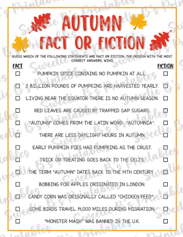INSTANT DOWNLOAD Autumn Fact or Fiction Game Printable - Autumn Game ...