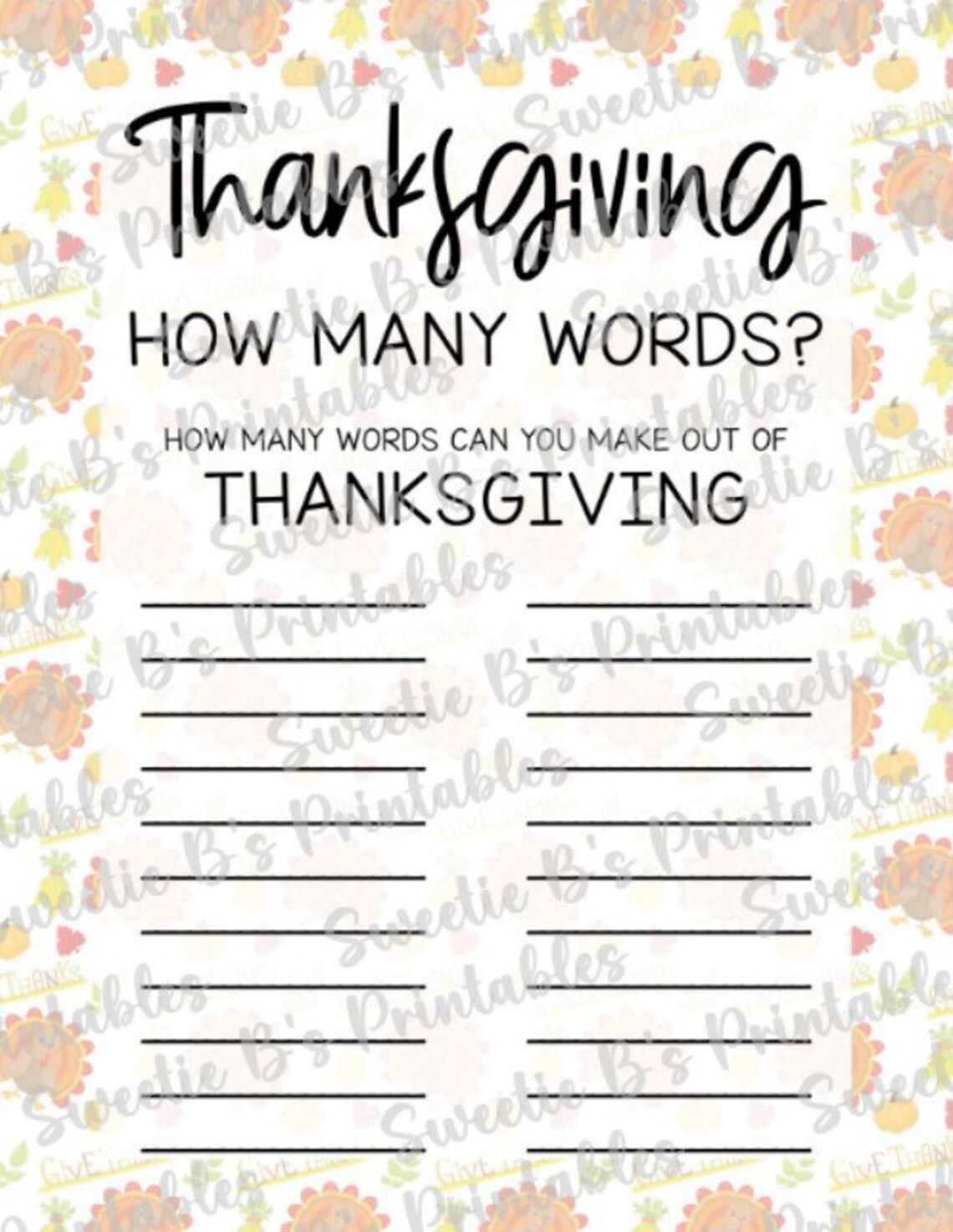 INSTANT DOWNLOAD Thanksgiving How Many Words Game Printable ...