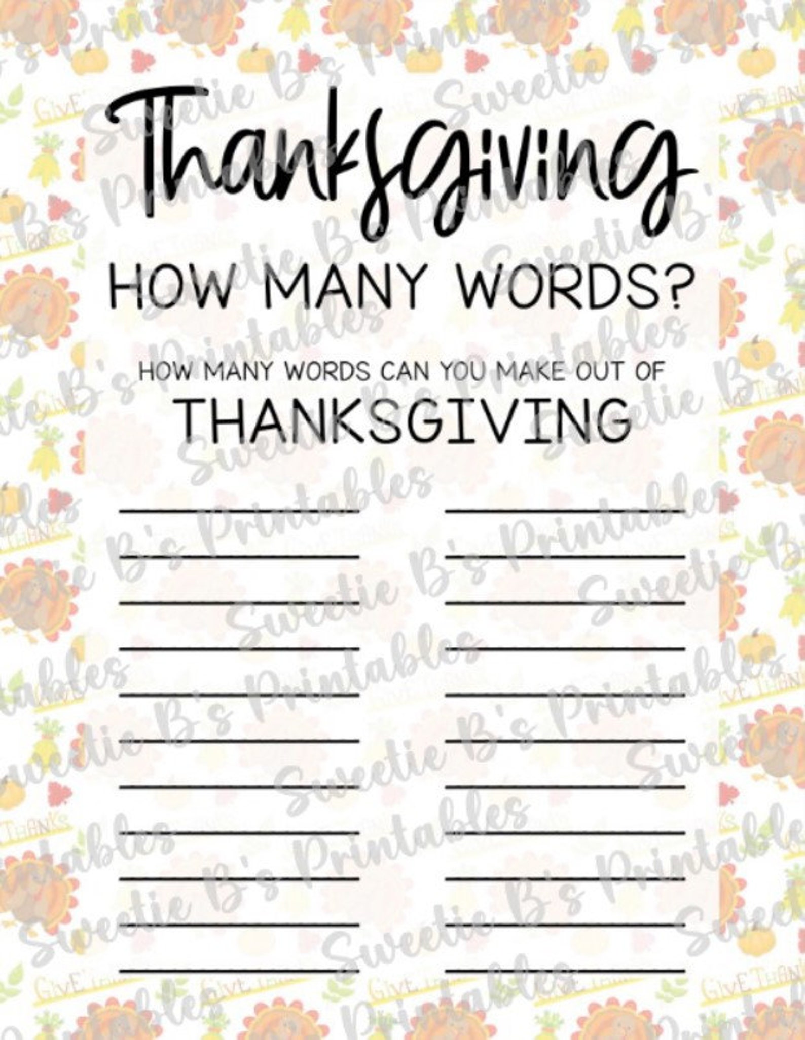 INSTANT DOWNLOAD Thanksgiving How Many Words Game Printable ...