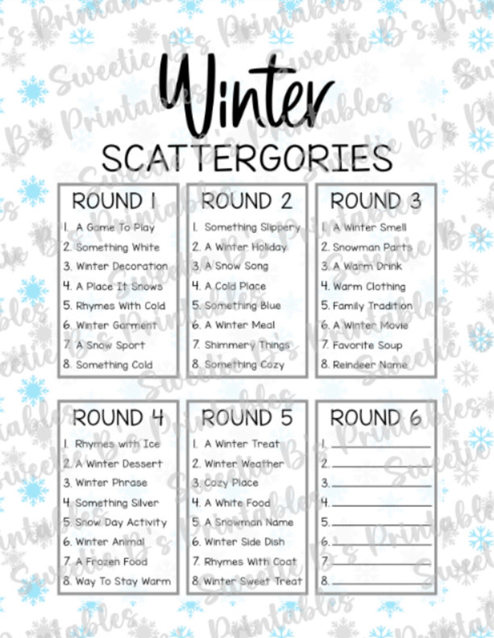 INSTANT DOWNLOAD Winter Scattergories Printable Game - Winter Game ...