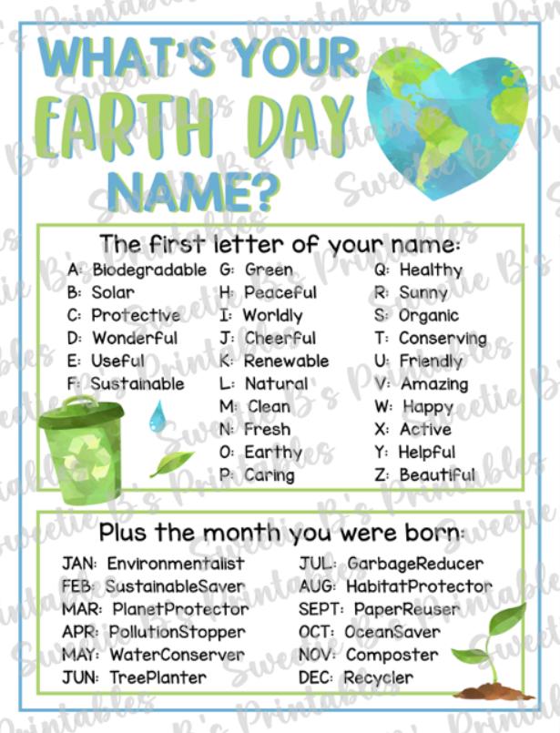 INSTANT DOWNLOAD What's Your Earth Day Name Printable - Earth Day Party ...