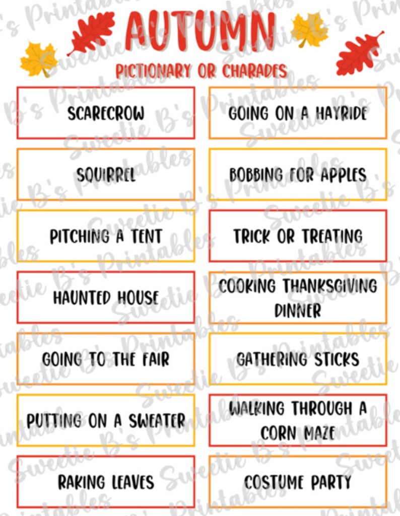 INSTANT DOWNLOAD Autumn Pictionary or Charades Printable - Autumn Game ...